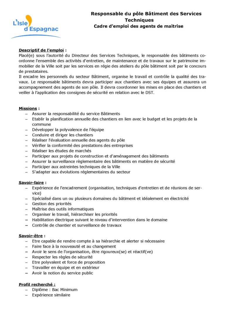 Offre d'emploi - Responsable du pôle Bâtiment des Services Techniques ...